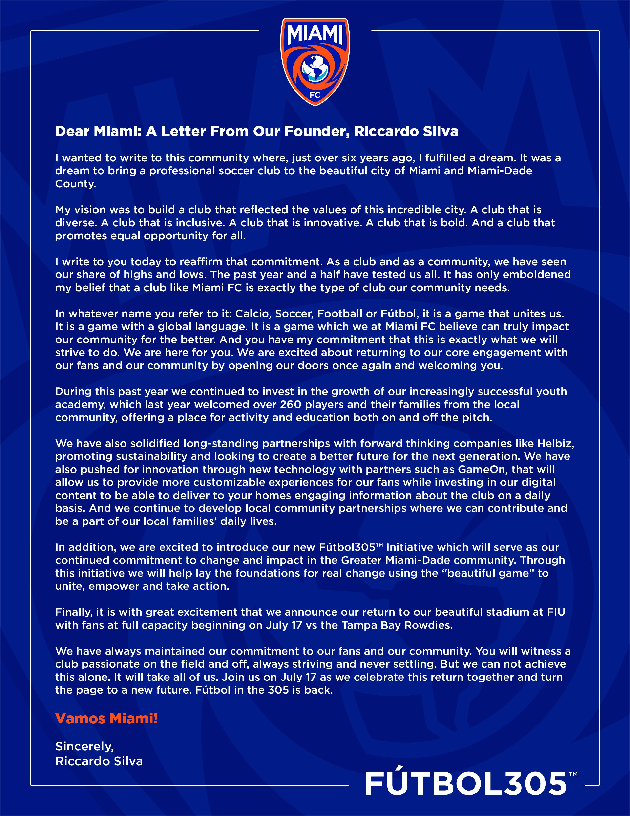 Dear Miami: A Letter from our Founder, Riccardo Silva - Miami FC